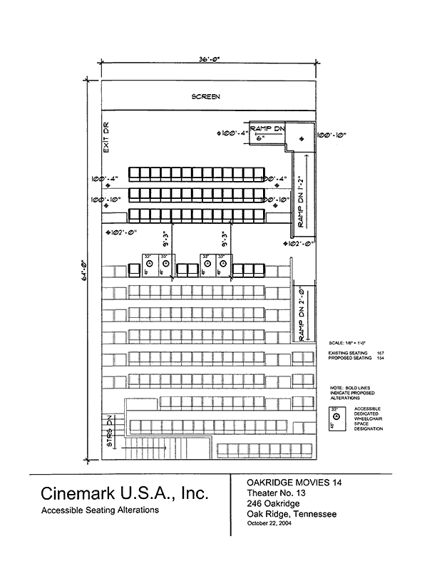 Seating plan for Oak Ridge Movies 14, Oak Ridge, Tennessee, Auditorium 13.