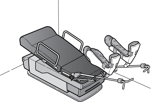 An adjustable height exam table equipped with adjustable, padded leg ...